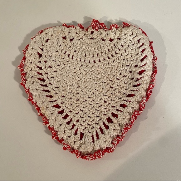 Kitchen | Vintage Crocheted White Red Double Layer Heart Hot Pad | Poshmark